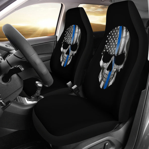 Thin Blue Line Skull Car Seat Covers Type 1 Set of 2 ThinBlueLineHeroes